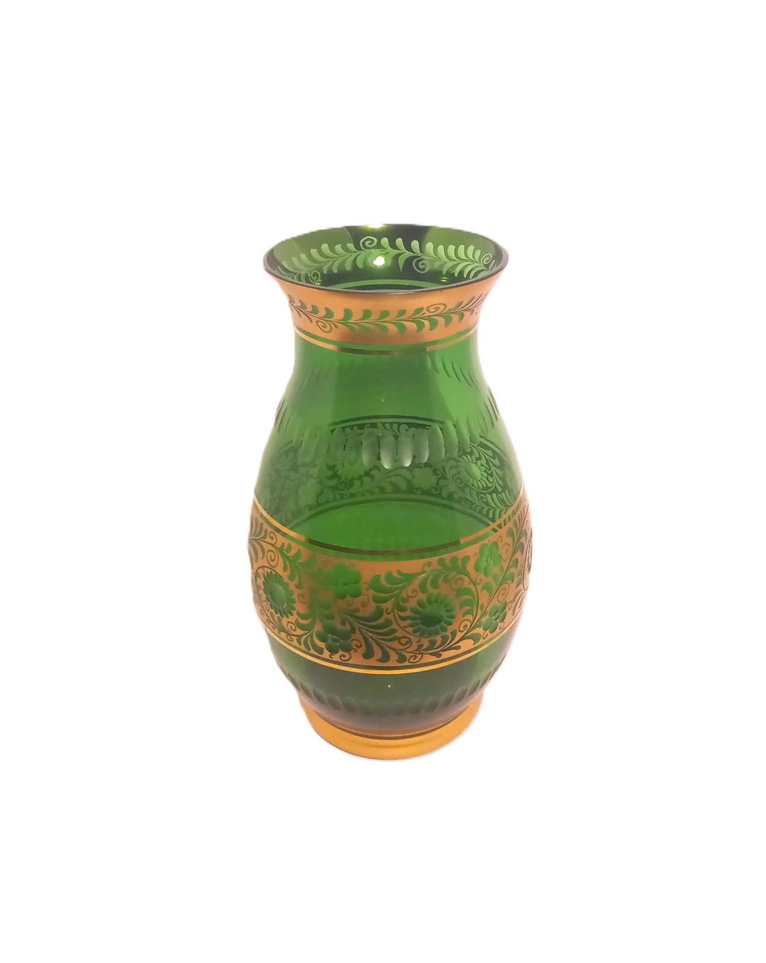 Emerald Green Glass Vase With Gilt Floral Décor and Cut Details ...