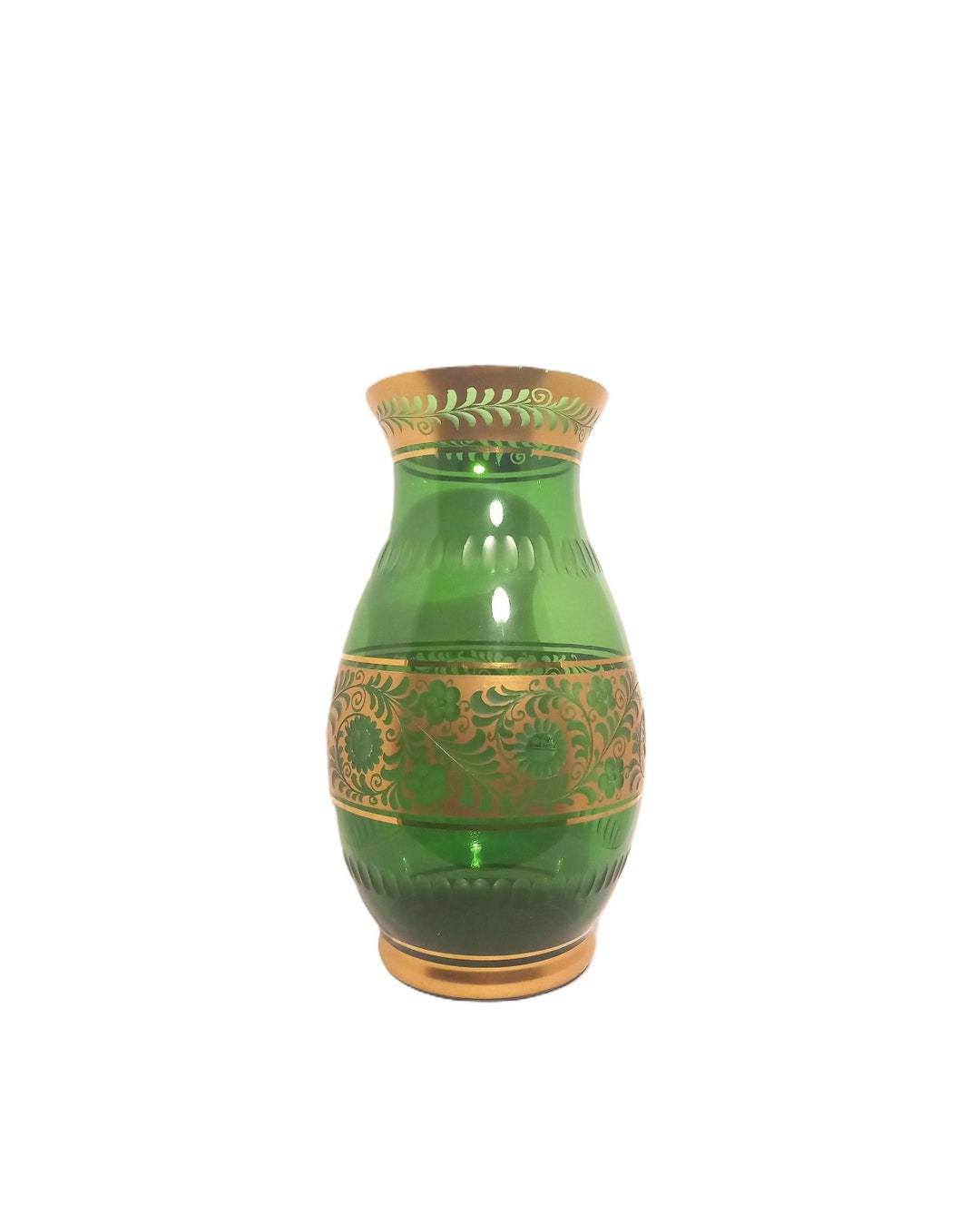 Art Nouveau Emerald Green Glass Vase With Gilt Floral Décor and Cut ... Art Nouveau Emerald Green Glass Vase With Gilt Floral Décor and Cut ...
