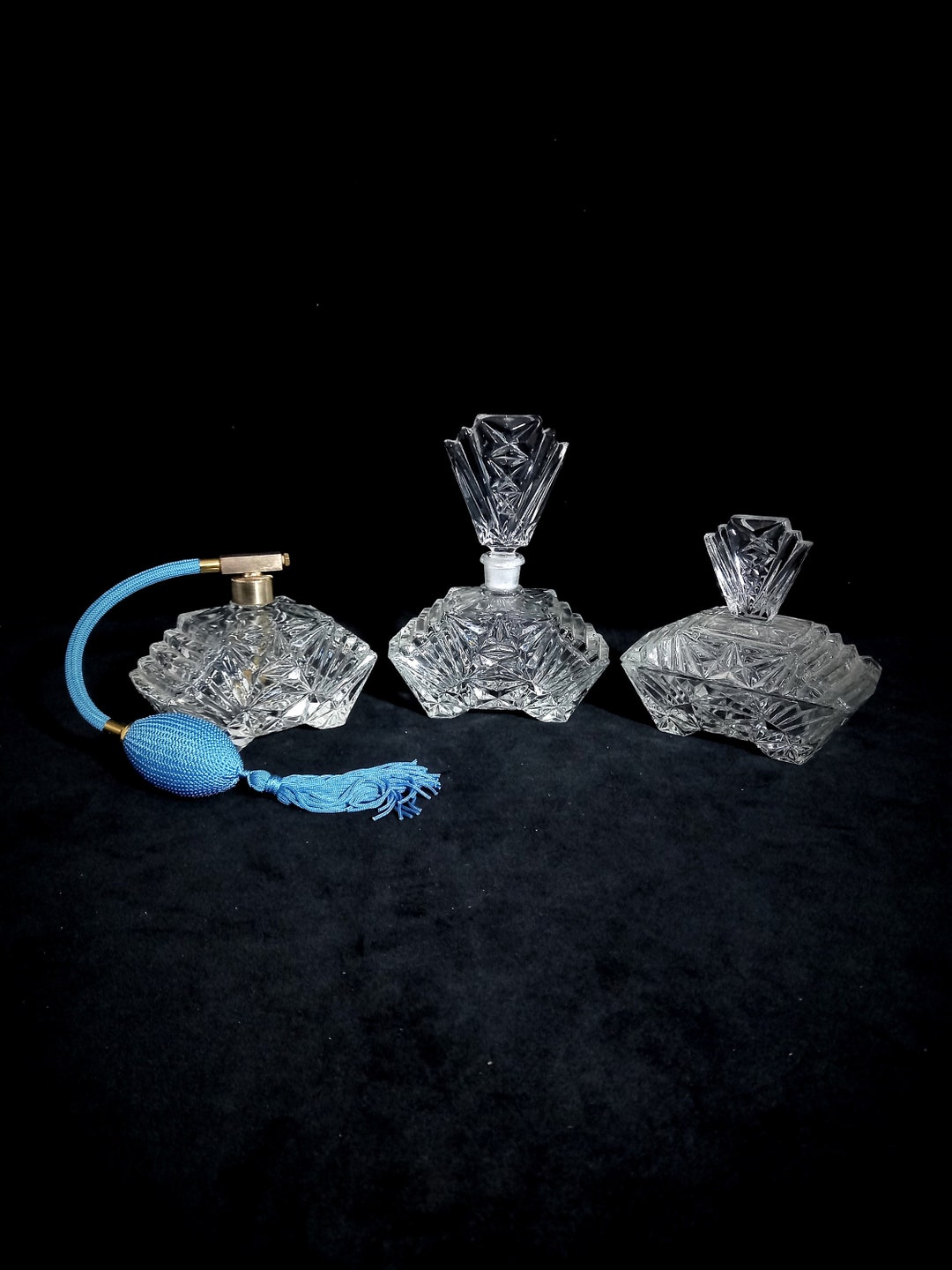Art Deco Three Piece Vanity Set in Clear Glass With Cut Crisscross ...