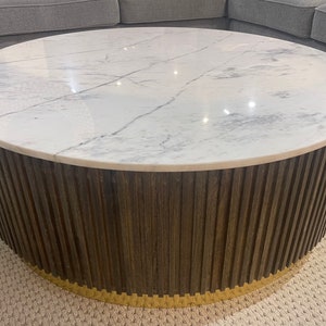 Round Walnut Coffee Table W/ Quartz Top Accent Table Modern Furniture ...