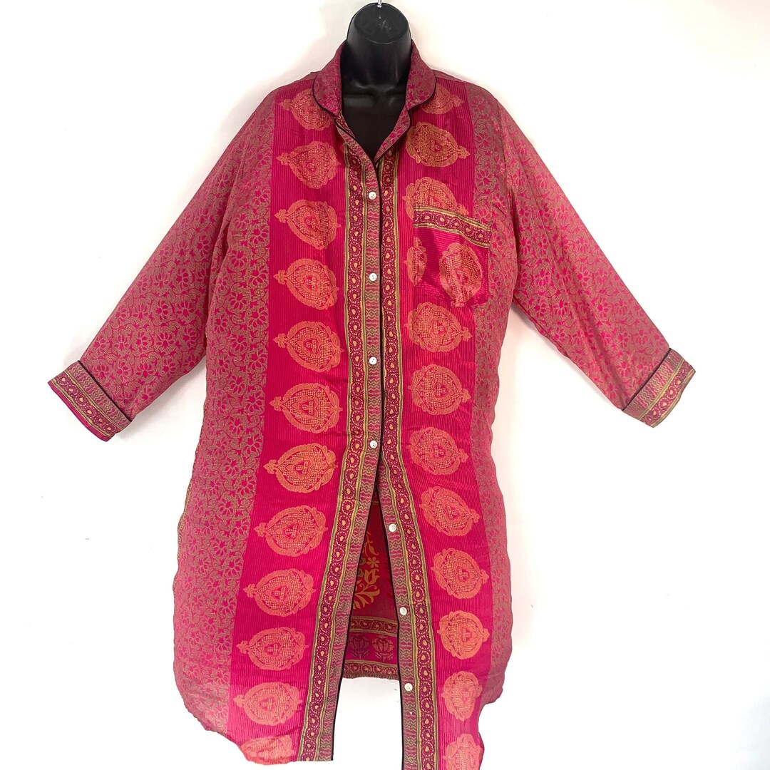 L. Romilly Silk Shirt Dress, Long Sleeve With Pocket and Buttons at Front UK-L Size Loose ...