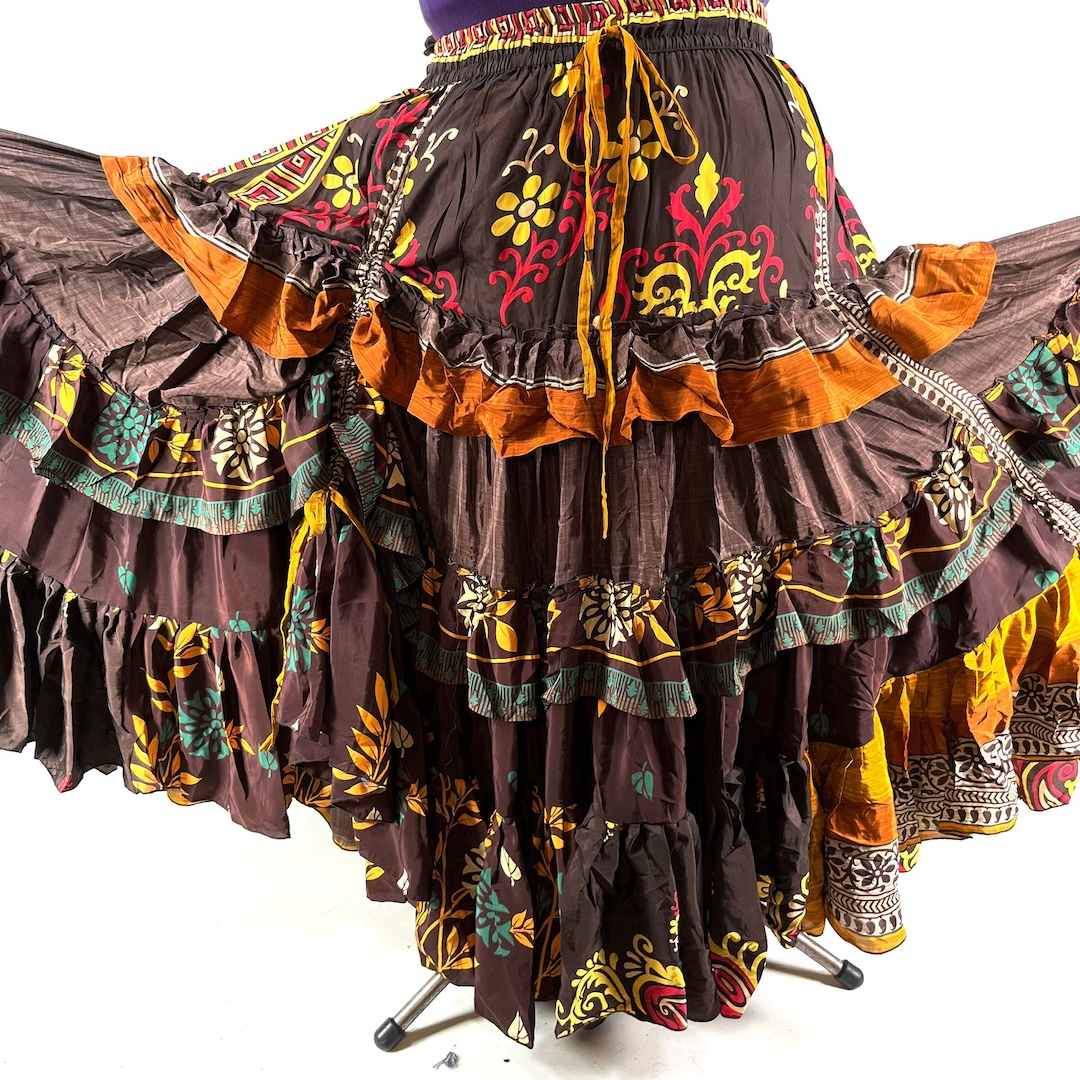 Jazmyn XL 25 Yard Gypsy Light Silk Skirt Boho Peasant Skirt Flamenco Brown Yellow Bellydance ...