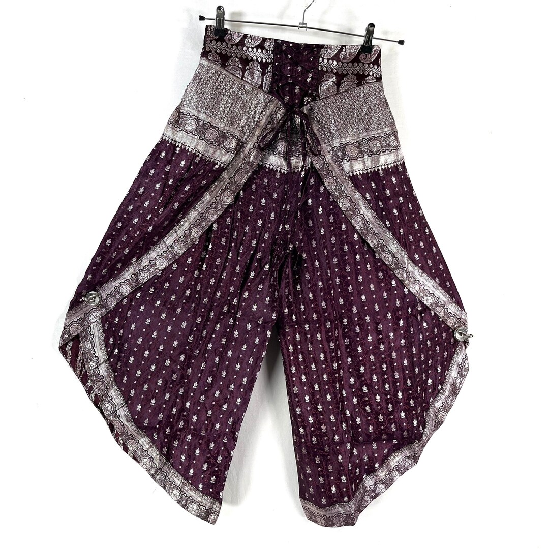 S/M. Tulip Palazzo Pants in Silk Brocade; Split Open Leg Harem Trouser ...
