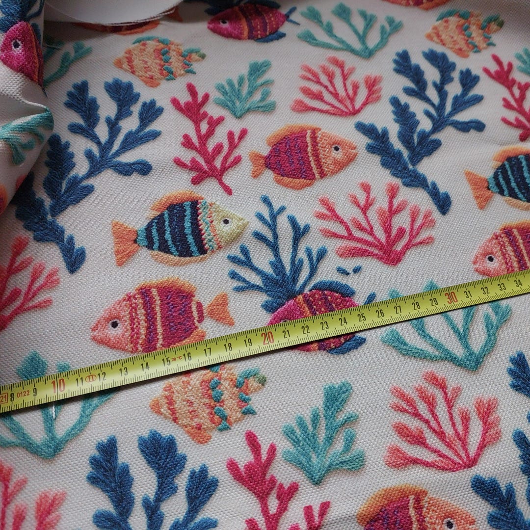 Fish & Coral Print Upholstery Fabric: 3D Embroidery Effect, by the ...