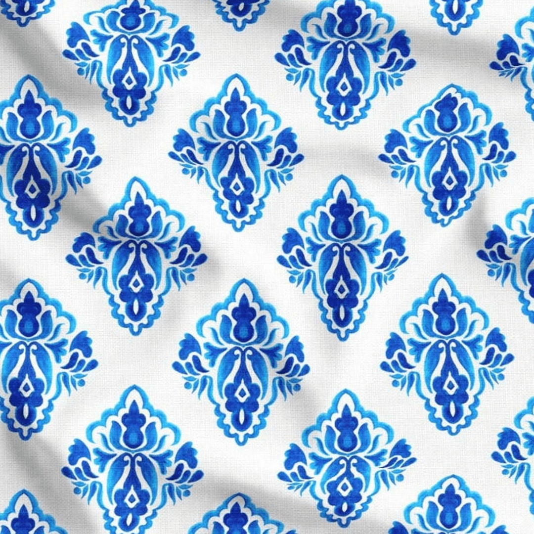 Watercolor Effect Blue Turkish Damask ,ikat Fabric by the Meter,ethnic ...