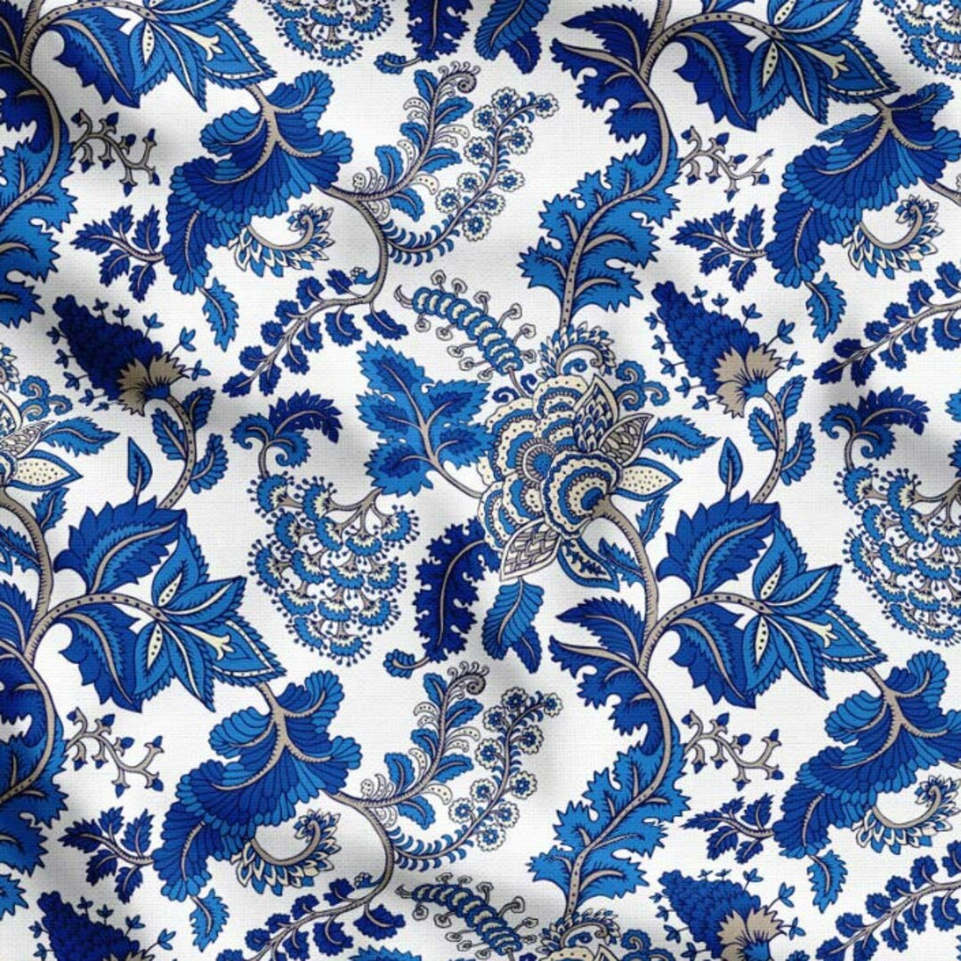 Blue Flower Tapestry Patterned Fabric by the Meter, Ethnic Floral ...