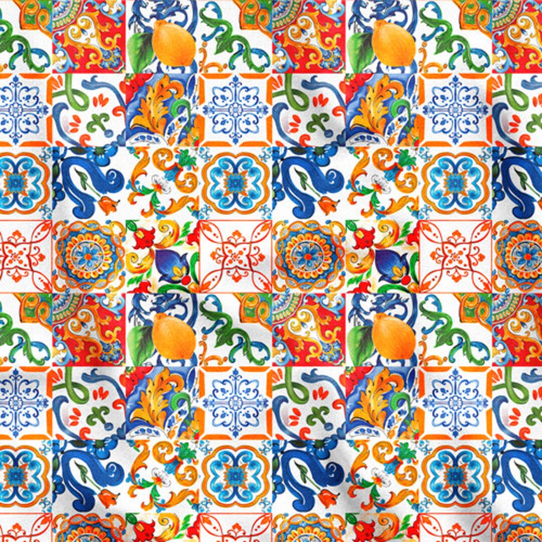 Watercolor Effected Ceramic Tiles Print Fabric by the Meter,majolica ...