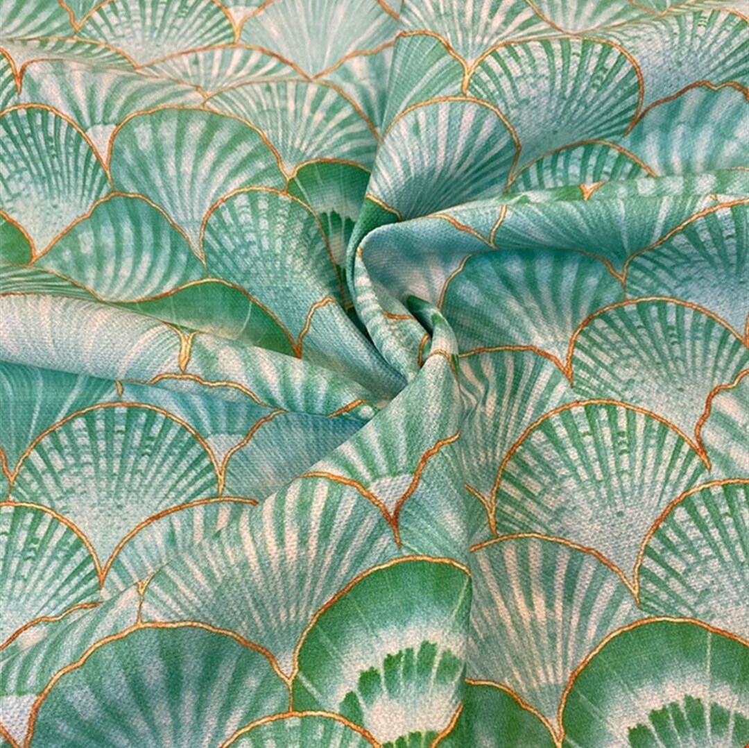 Mint Green Sea Shells Print Fabric by the Meter,nautical Fabric Decor ...