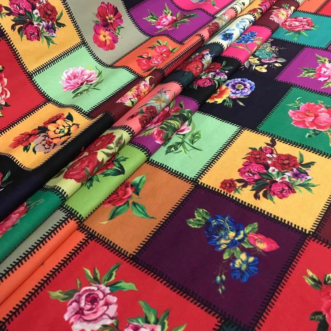 Colorful Flowers Patchwork Pattern Fabric by the Meter, Floral ...