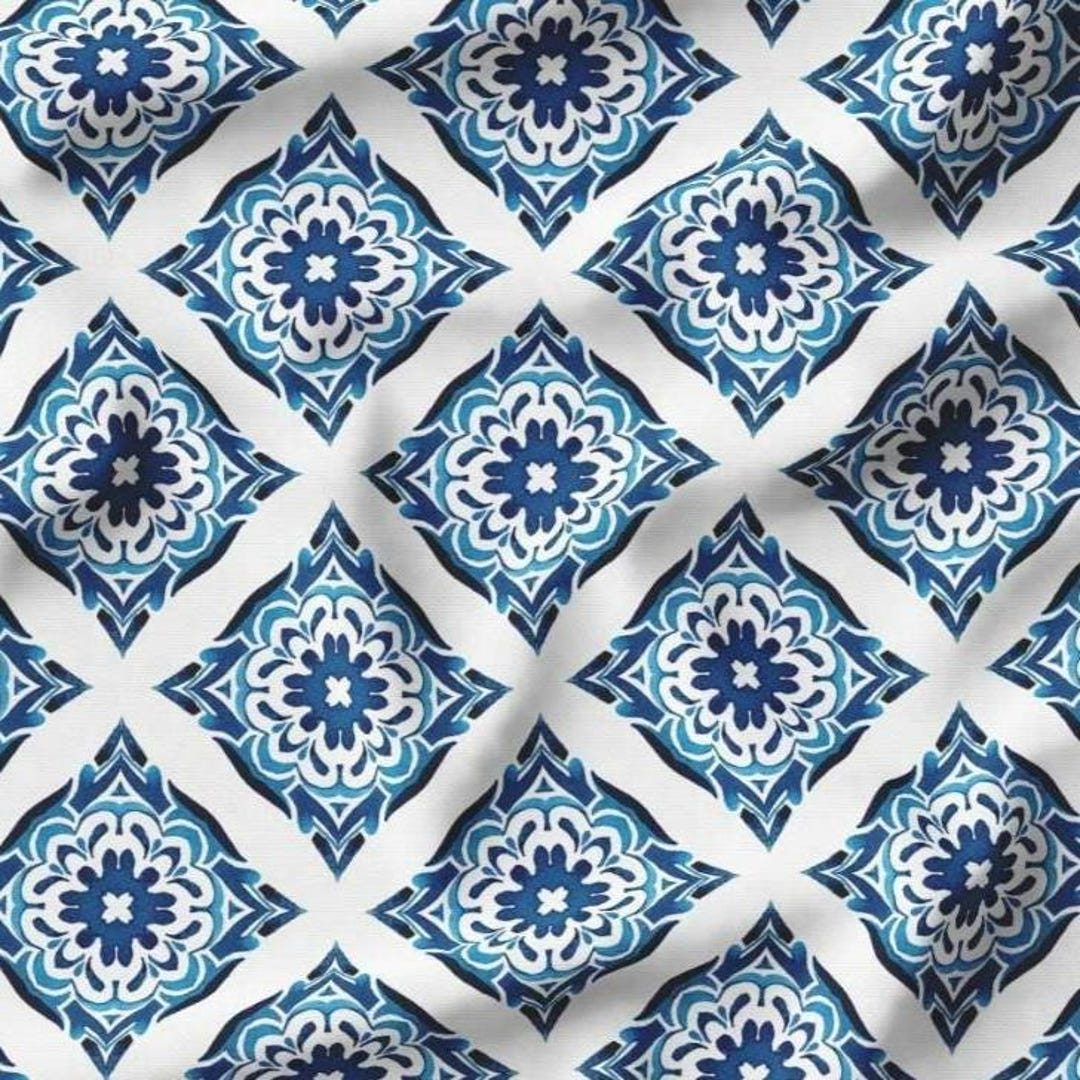 Navy Blue Ceramic Tiles Print Fabric :upholstery Fabric by the Meter - Etsy