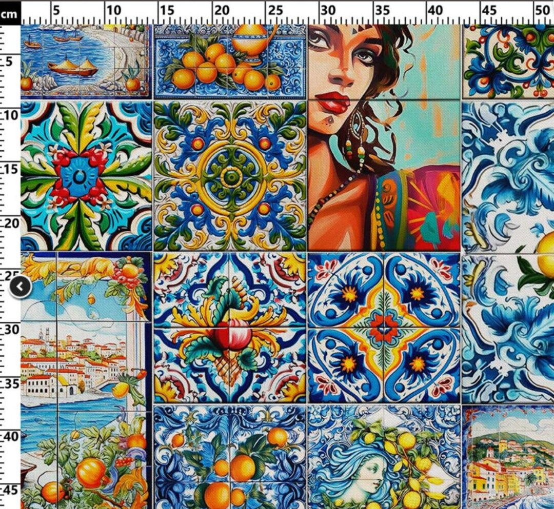 Majolica Ceramic Tiles With Lemons Print Fabric by the Meter,majolica ...