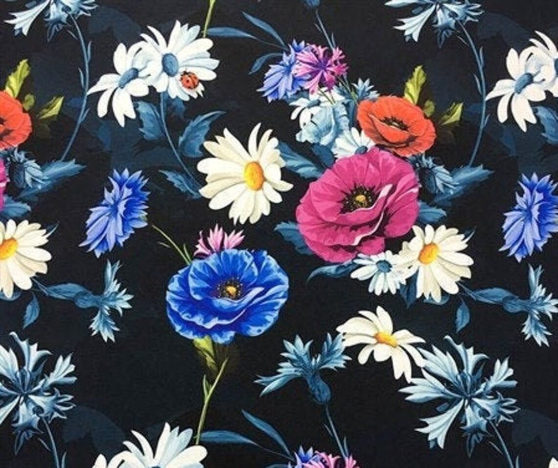 Floral Black Print Fabric | Etsy