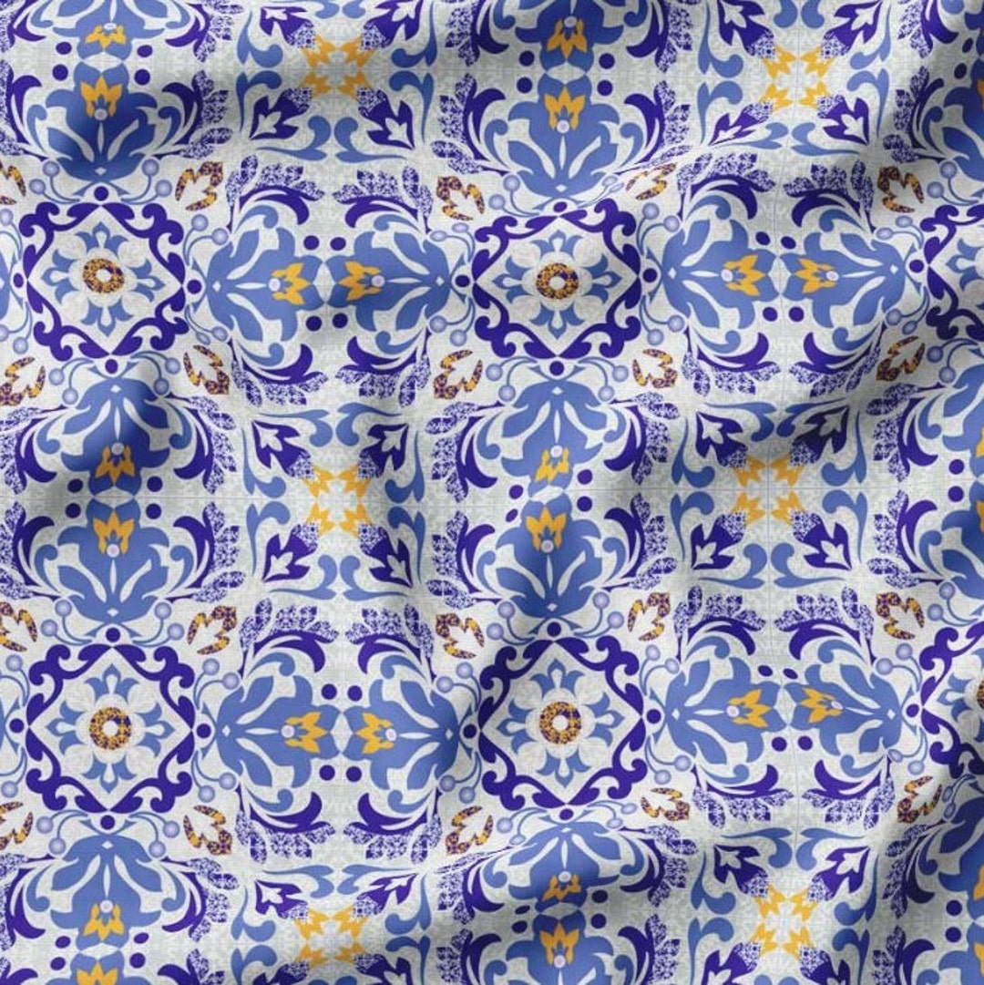 Blue Ceramic Tile Print Fabric: Ethnic Decor, Furniture Upholstery - Etsy