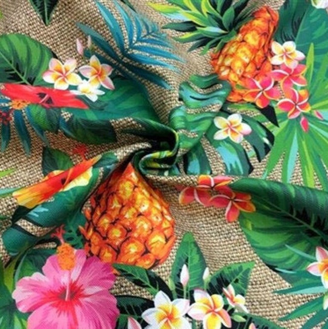 Tropical Flowers on Burlap Effect Print Fabric by the Meter,tropical ...