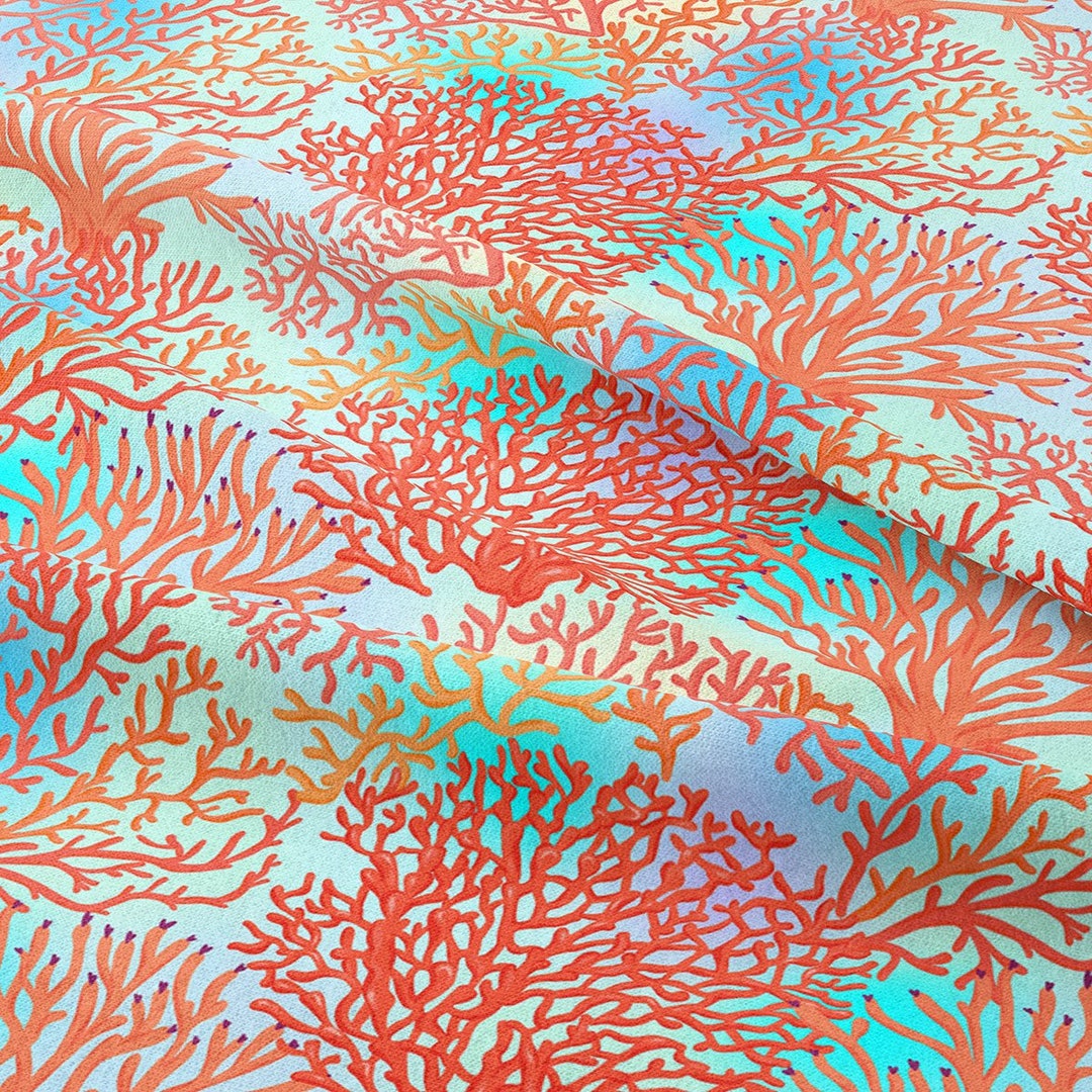 Coastal Coral Reef Fabric, Turquoise Orange Nautical Sewing, Beach ...