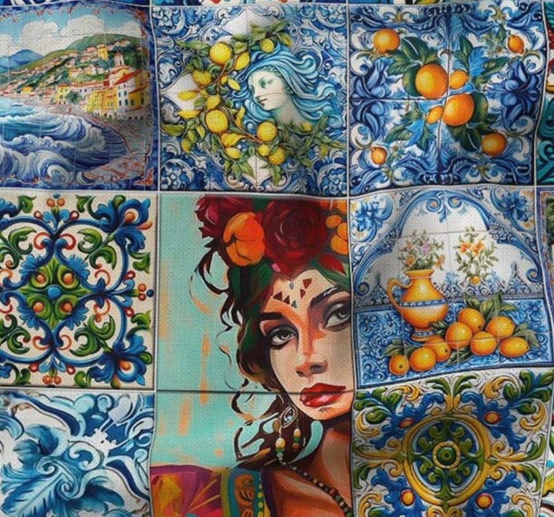 Majolica Ceramic Tiles With Lemons Print Fabric by the Meter,majolica ...