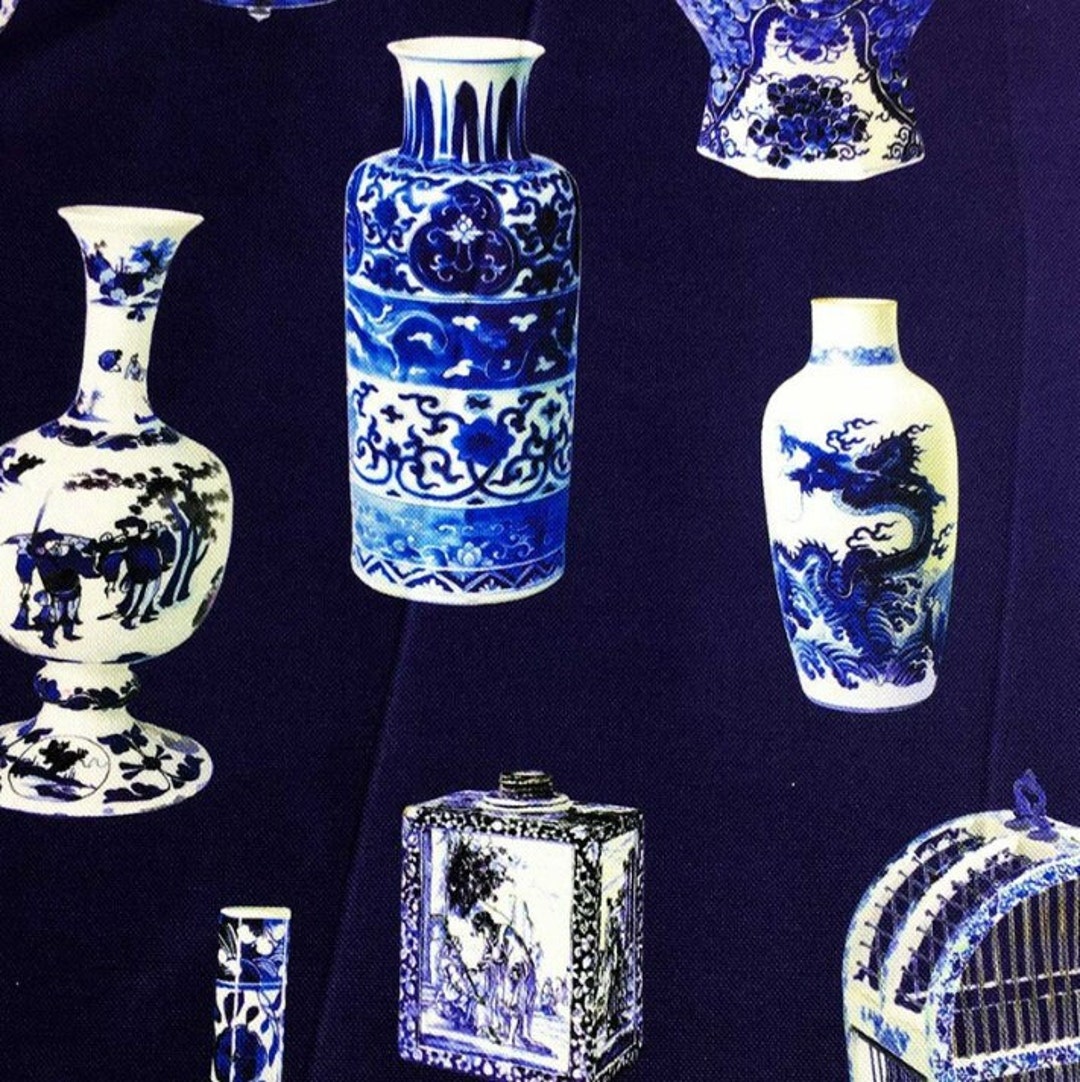 Retro Blue Ceramic Print Fabric: Ethnic Upholstery Material - Etsy