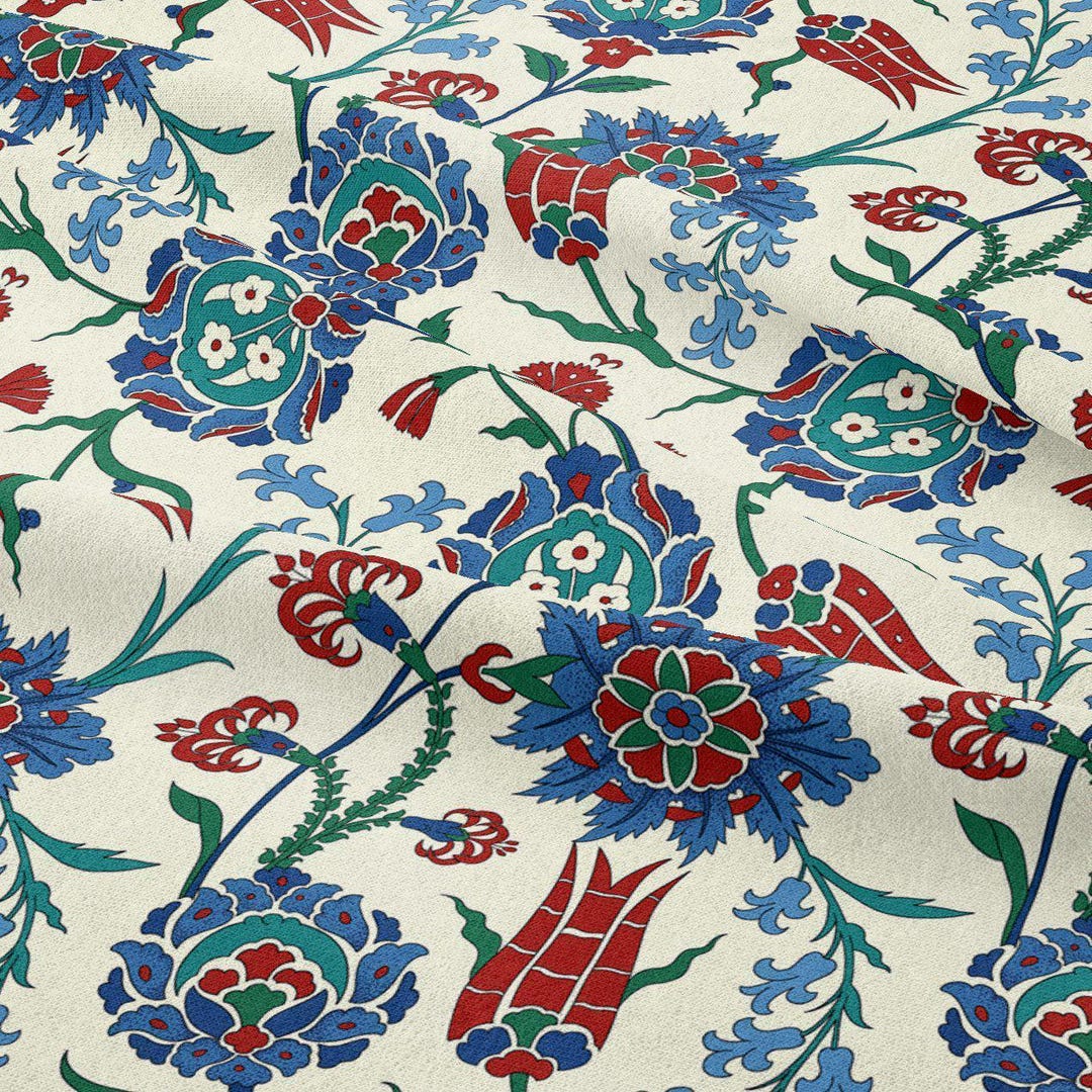 Turkish Iznik Fabric by Yard, Ottoman Floral Canvas, Blue Red Tile ...