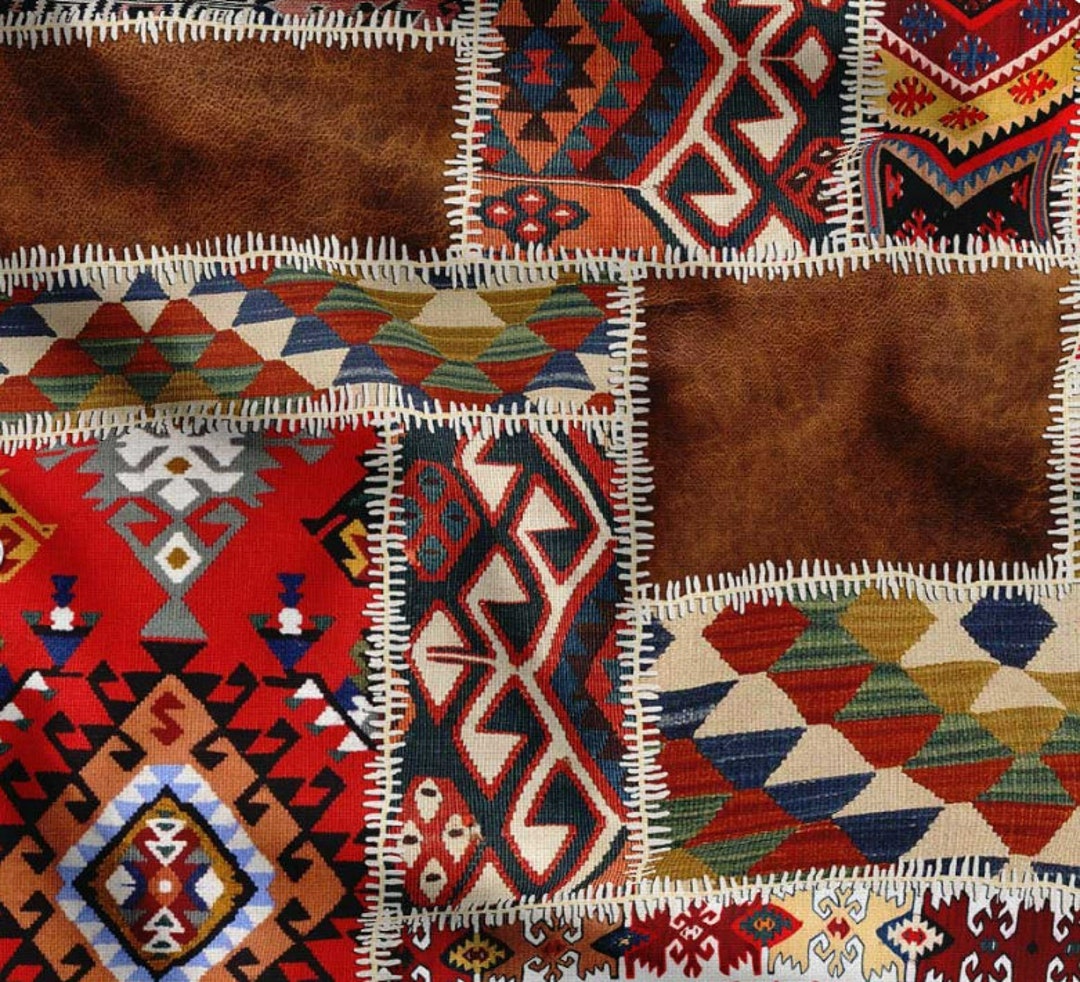 Nubuck Look Kilim Patchwork Pattern Fabric by the Meter, Colorful Kilim ...