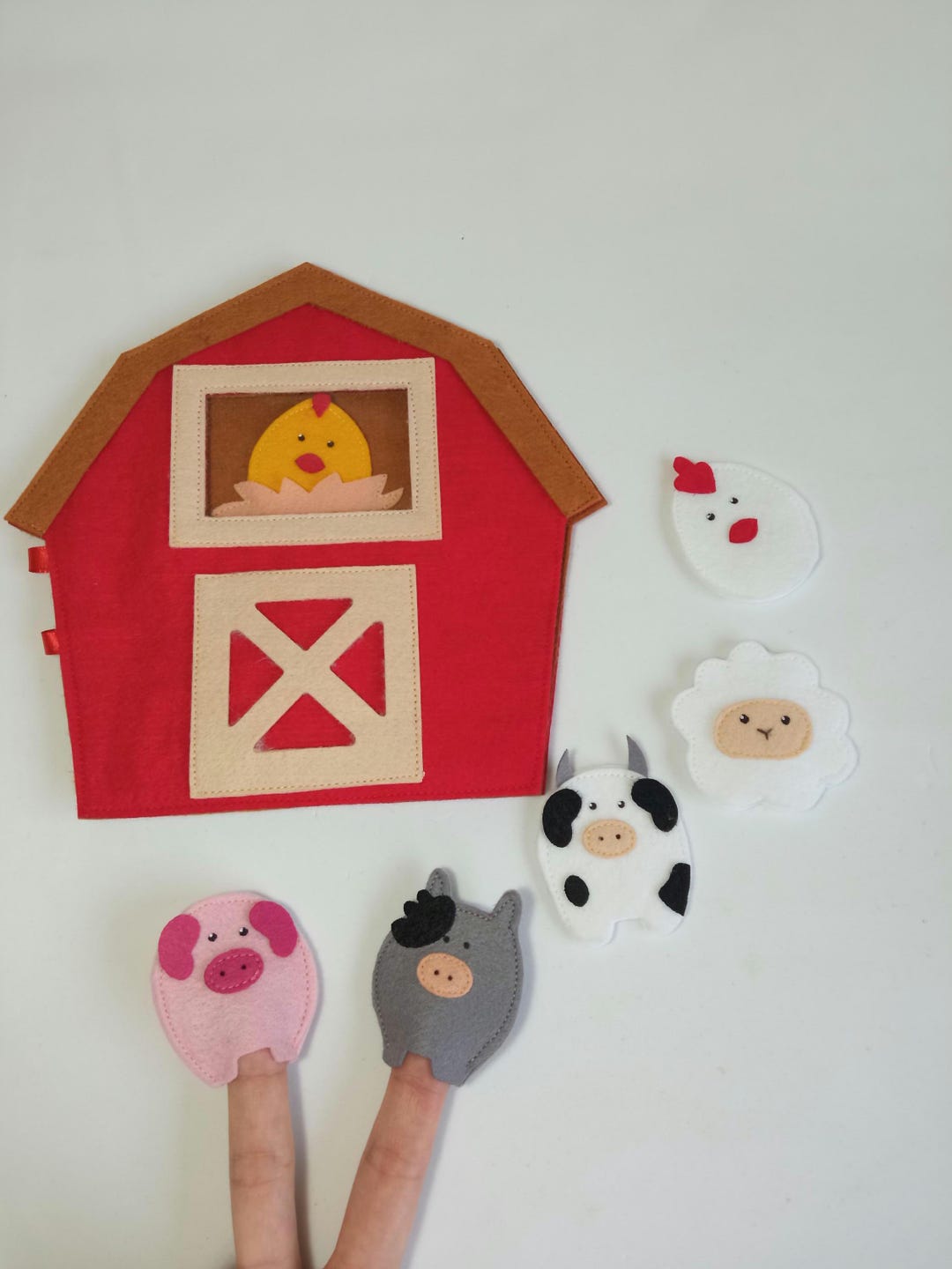Felt Farm Finger Puppets - Barn With 6 Handmade Farm Animal Puppets ...