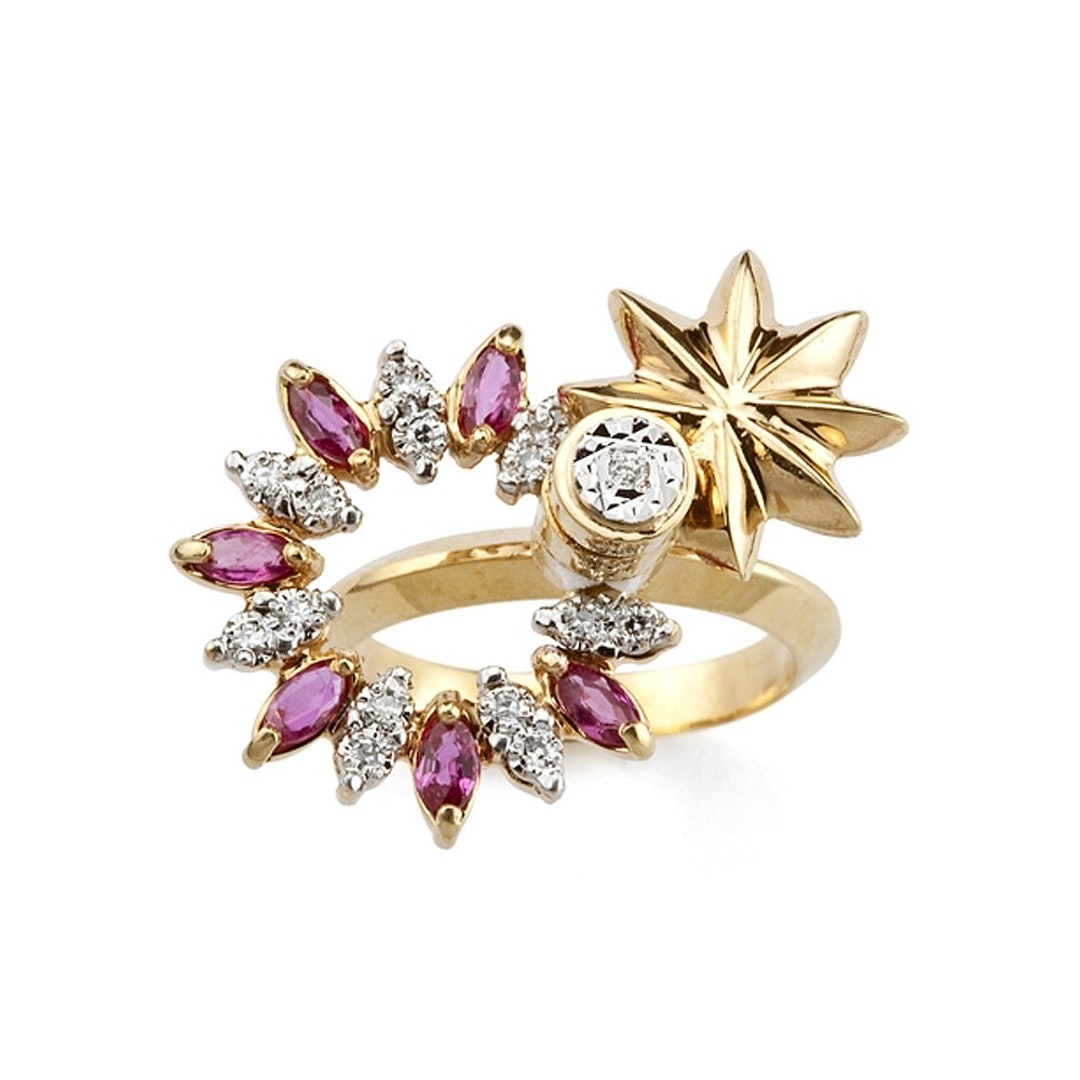 14k Gold Motion Ring Fan and Circle With Diamonds & Rubies - Ring Size ...