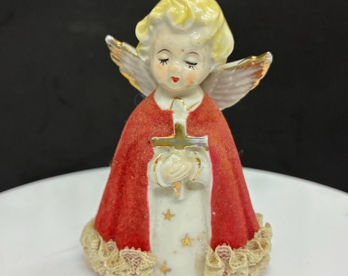 1950s Ceramic Velvet Flocked Angel Girl Praying Over Gold Cross - Etsy