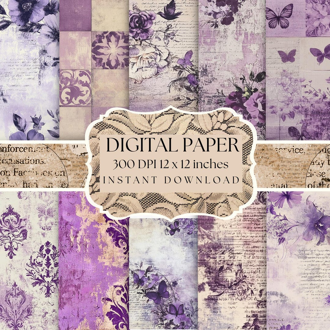 Vintage Violet Purple Ephemera Digital Paper PNG Shabby Chic Boho Junk ...