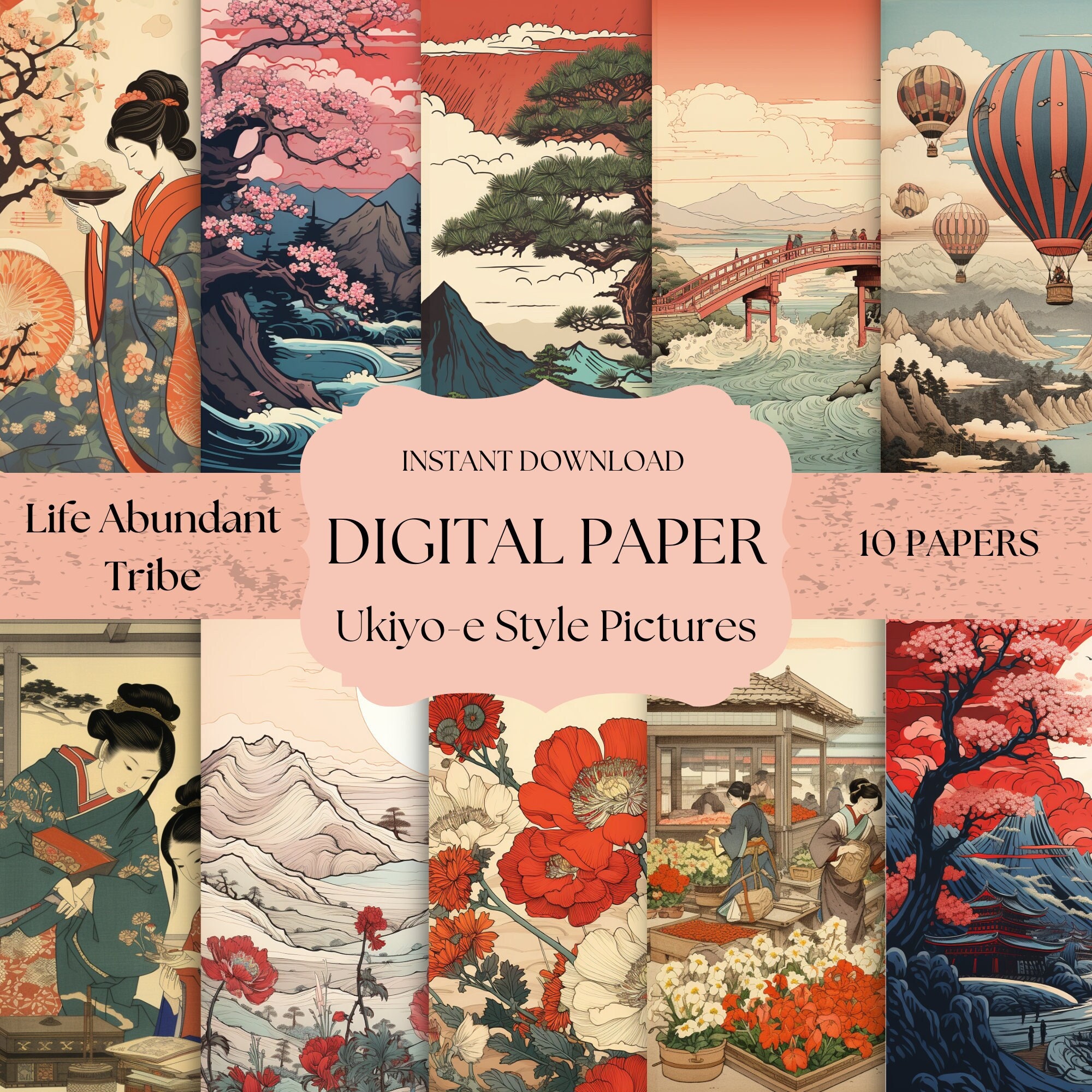 Vintage Japanese Ukiyo-e Style Digital Printable Paper, Printable Pictures, Scrapbook ...