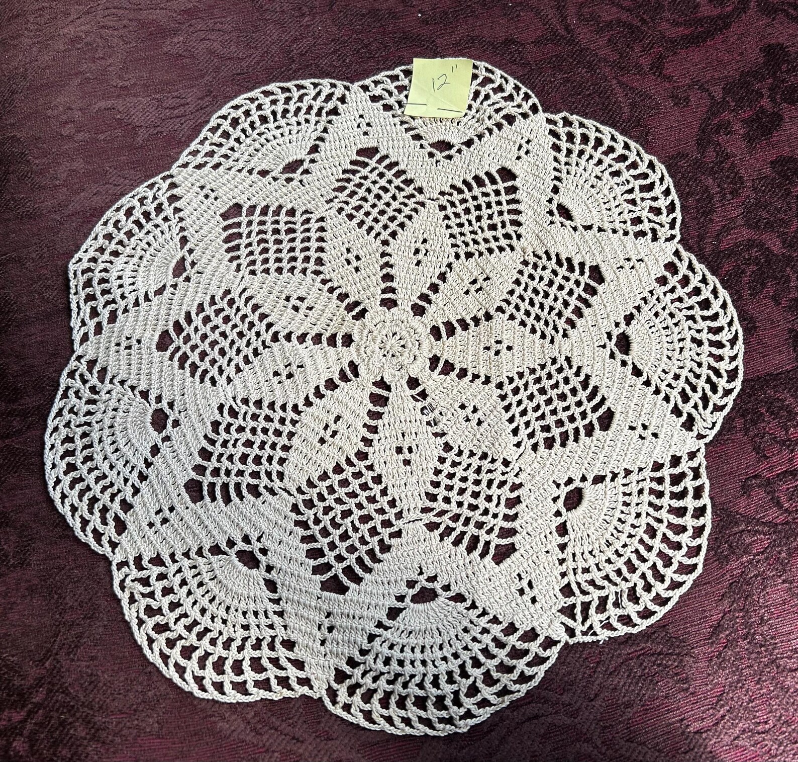 3 Cream 12”-14” Round Crocheted Doilies. Floral and Leaf Designs and ...