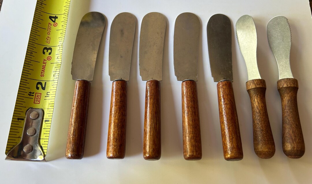 7 Appetizer Cheese Spreaders 4” Long. Wood Handles and Stainless Blades ...