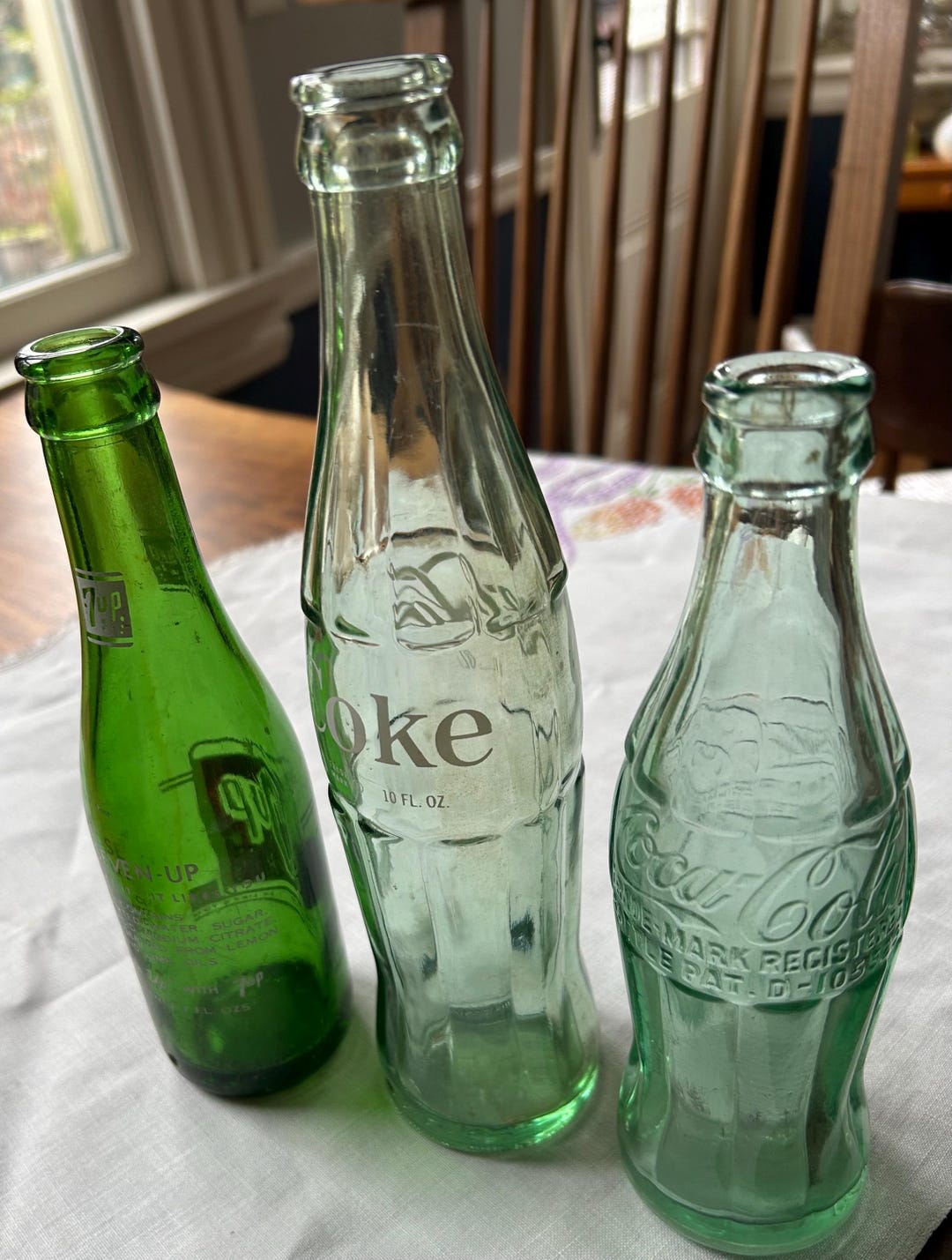 3 Vintage Soda Pop Bottles. 2 Sizes Coca Cola, One 7-up. Coke Bottles ...