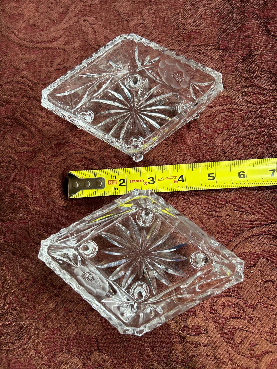 Set of 2 Diamond Cut Glass Candy Dishes, Embossed Floral Footed Bowls ...