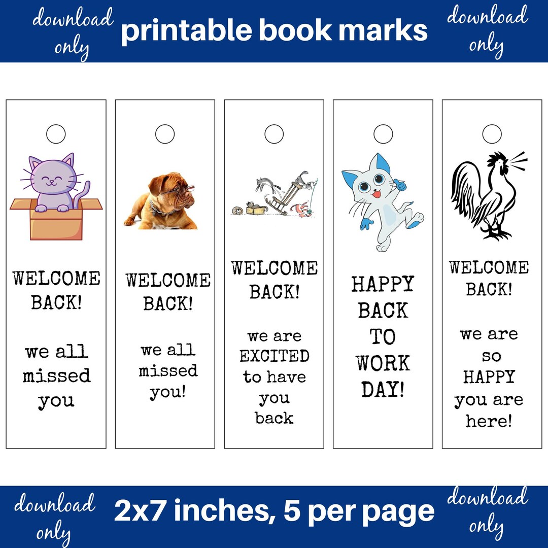 BOOKMARKS Printable, WELCOME BACK, Return to Work, Book Worm Gift, Work ...