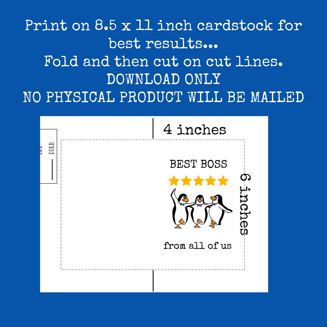 4x6 BOSS Appreciation Card PRINTABLE, Cute Penguins, Five Star Rating ...