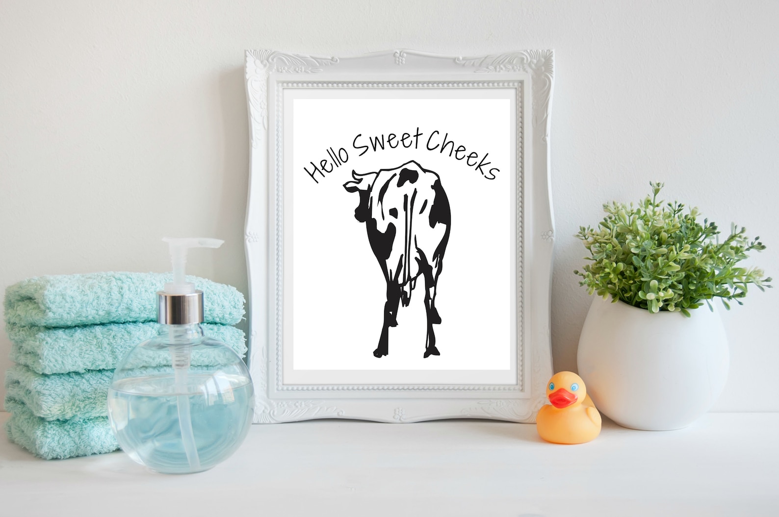 Hello Sweet Cheeks, 8x10, Cow Decor, Shabby Chic Farmhouse Bathroom ...
