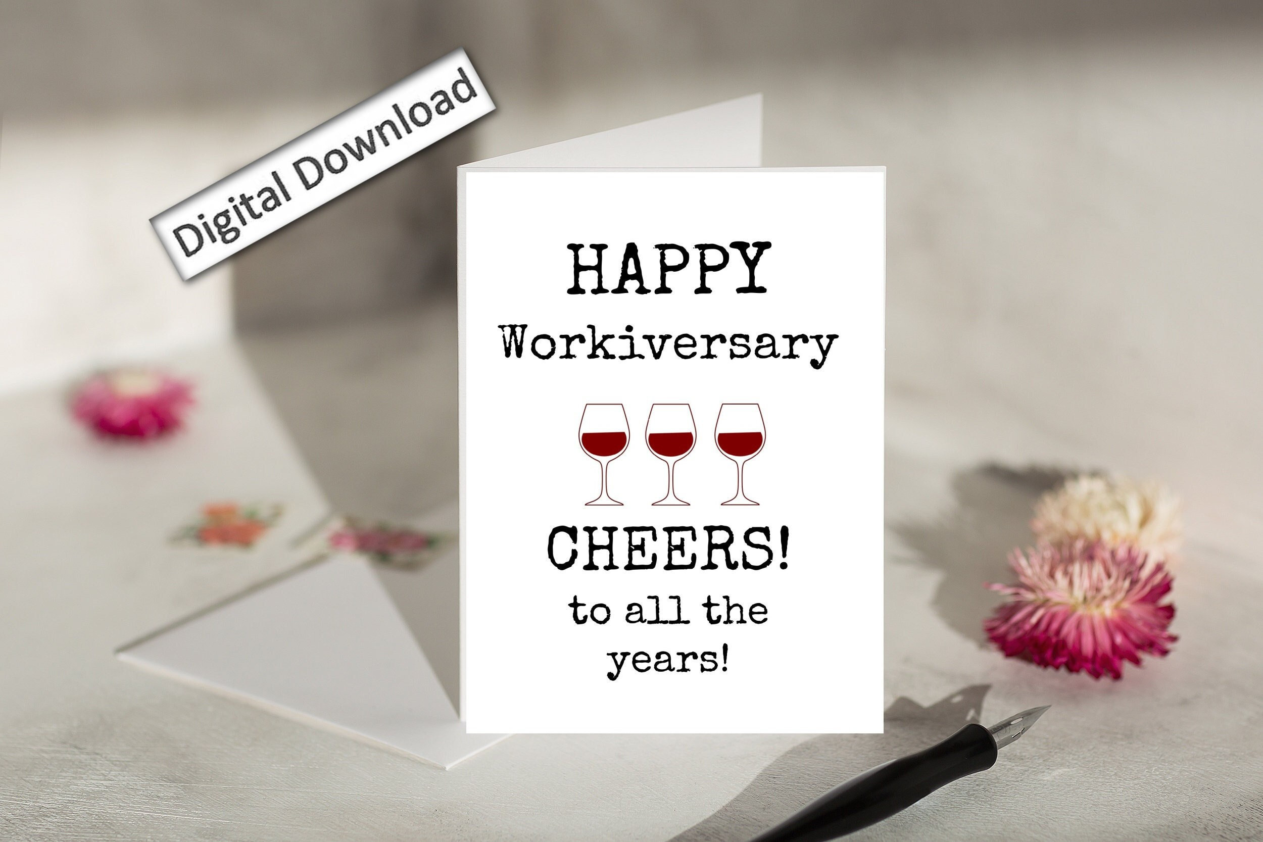 Funny Work Anniversary Card: Cheers Wine Design (4x6 Printable Digital ...