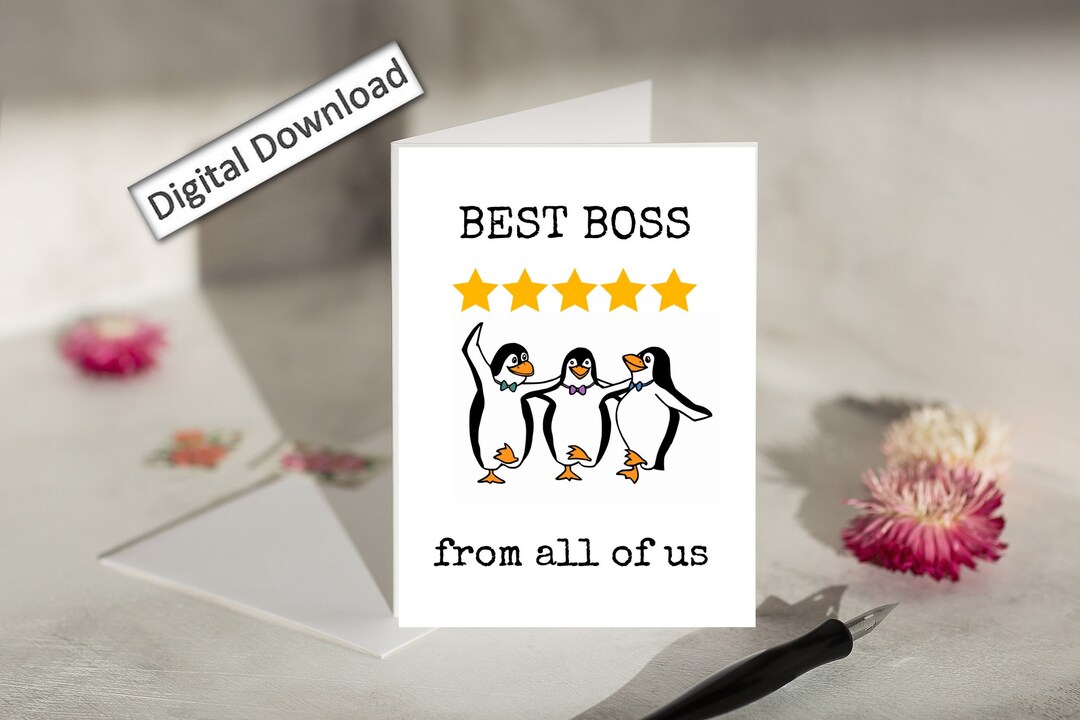 4x6 BOSS Appreciation Card PRINTABLE, Cute Penguins, Five Star Rating ...