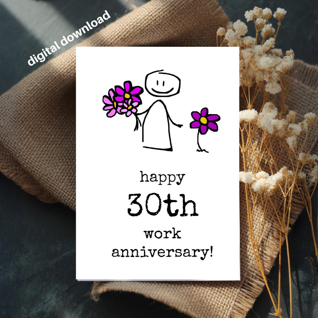 30th Work Anniversary Card, Printable Employee Gift (4x6, Digital ...