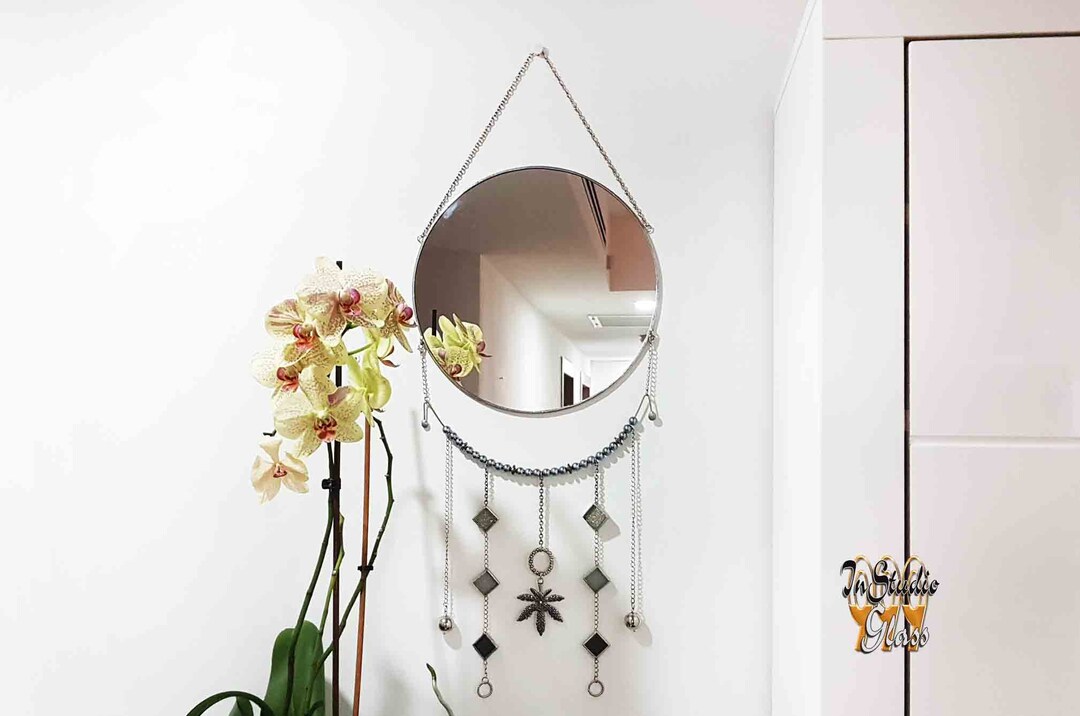 Boho Geometric Circle Mirror for Wall With Stained Glass Pendants - Etsy