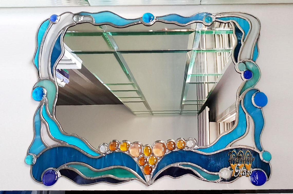 Wavy Nautical Glass Mirror Art Nouveau Decor Unique Blue | Etsy