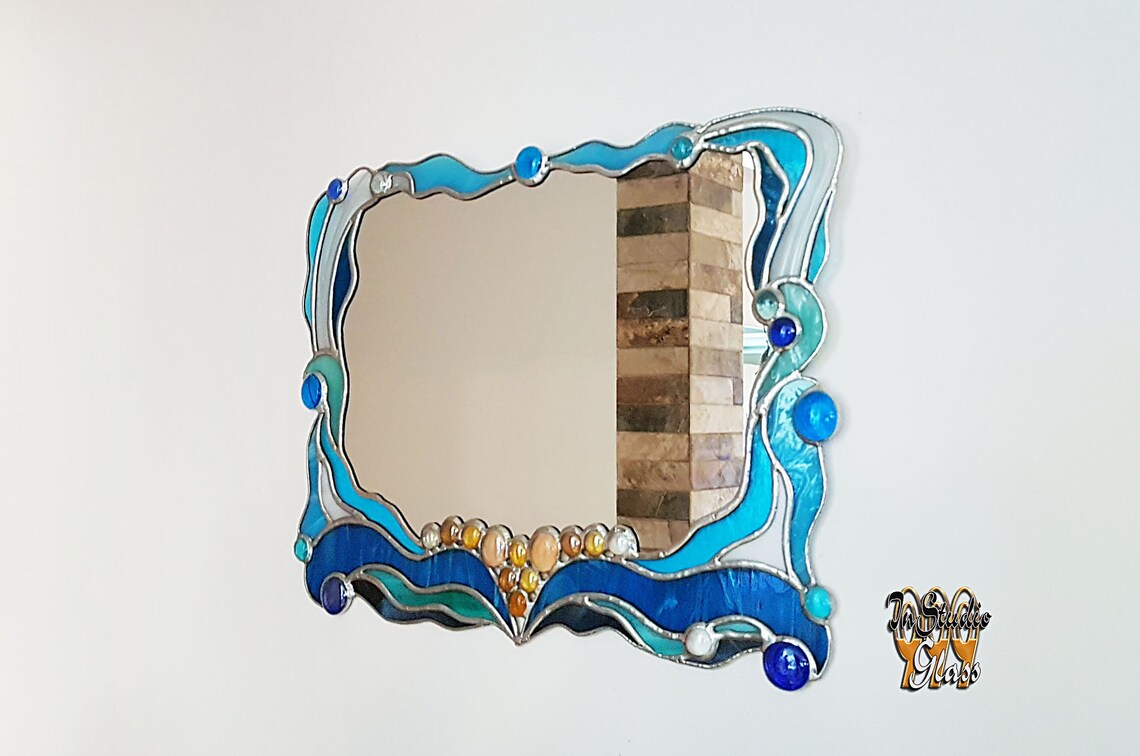 Wavy Nautical Glass Mirror Art Nouveau Decor Unique Blue - Etsy