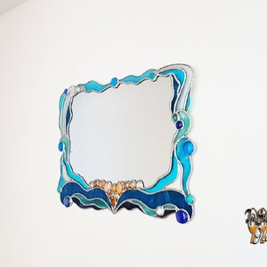 Wavy Nautical Glass Mirror, Art Nouveau Decor, Unique Blue Abstract ...