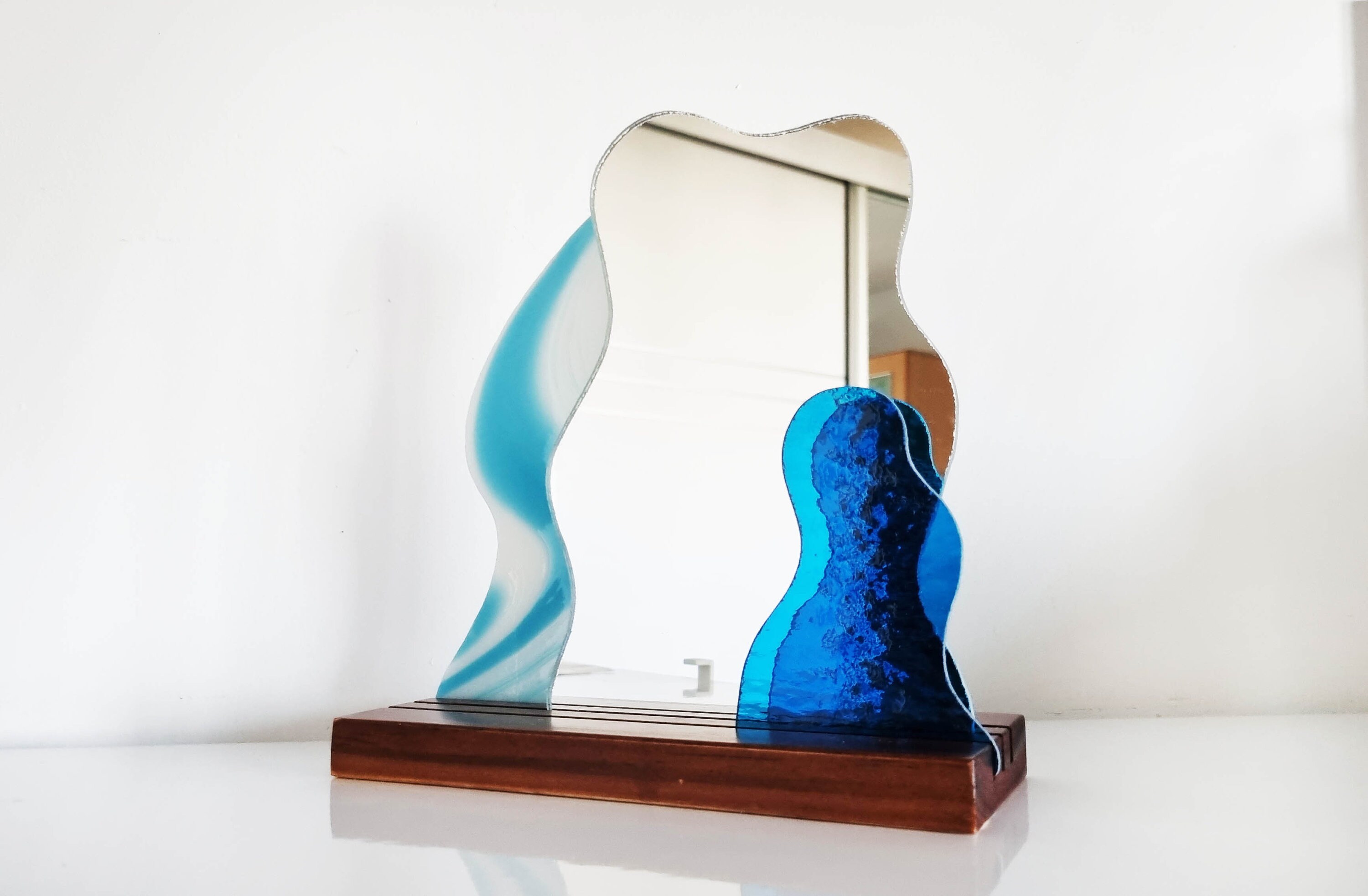 Wavy Mirror, Colorful Glass Vanity Mirror on Wood Base, Bedroom Decor ...