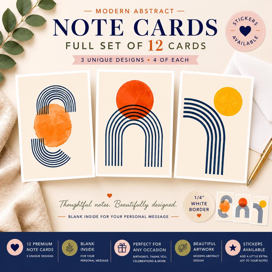 Set of 12 Modern Abstract Note Cards, Mid Century Minimalist Stationery ...