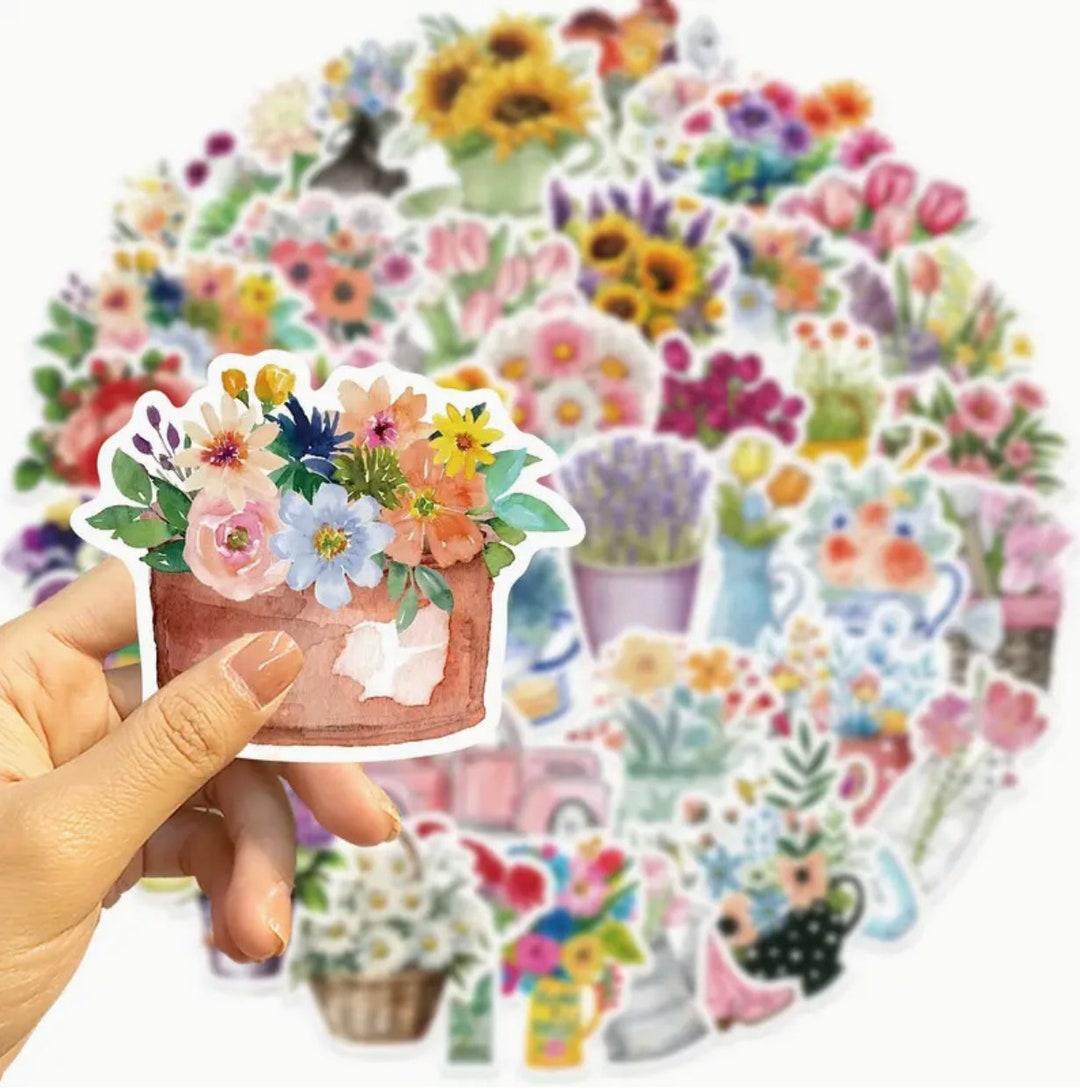 Mixed Flower Sticker Set Waterproof. Set of 50 Matte Stickers, Laptop ...