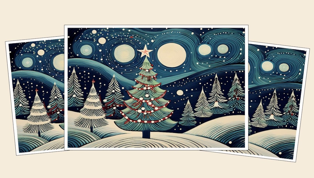 Scandinavian Art Christmas Tree Cards – Winter Night Sky Holiday ...