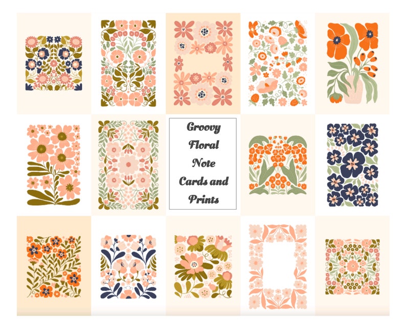 Mid Century Modern Floral Notecards Set, Retro Abstract Flower ...