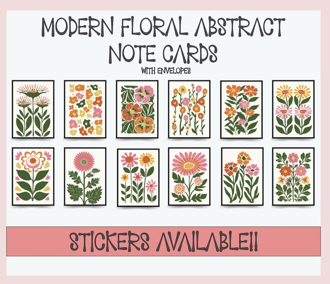 Floral Abstract Note Cards - Set of 12 - Mid-century Modern Art - Each ...