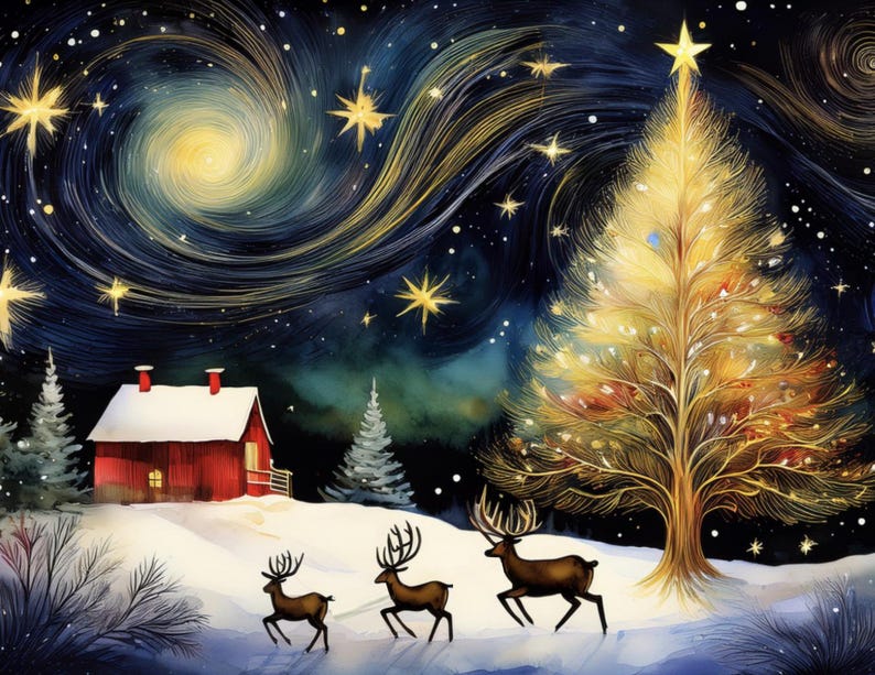 Starry Night Christmas Card Set – Deer, Golden Trees (gift Boxed) - Etsy