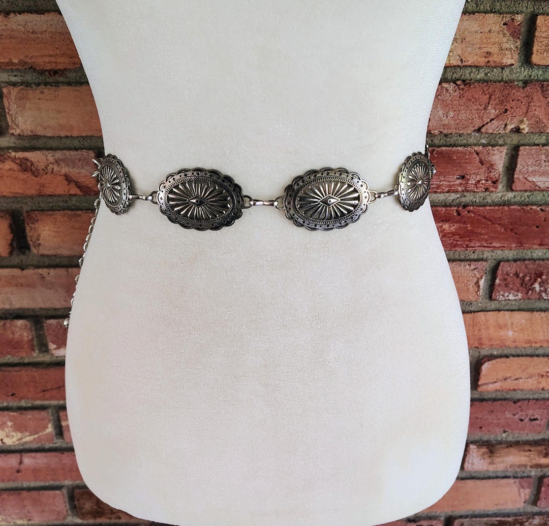 Vintage Concho Belt Silver Metal Oval Sunburst Conchos Chain Link ...